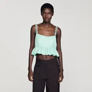 Sandro Floral Jacquard Ruffle Crop Top - Light Green