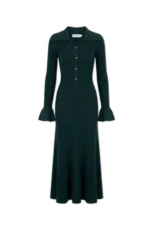 SELF-PORTRAIT Ribbed Knit Polo Collar Midi Dress - Green