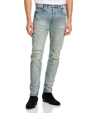 PURPLE BRAND Worn Slashed Paint Jeans - Light Indigo