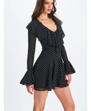 MISS CIRCLE NEW YORK Chiffon Polka Dot Ruffled Mini Dress - Black