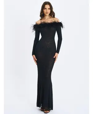 MISS CIRCLE Off-shoulder Rhinestone Mesh Mermaid Dress