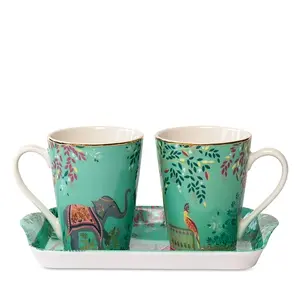 PORTMEIRION Sara Miller India Mug & Tray Set, Elephant's Oasis - Green