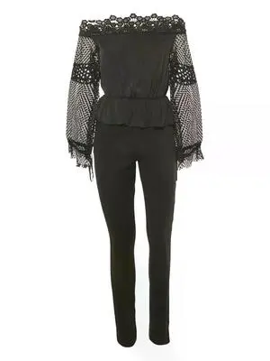 SELF-PORTRAIT Lace-panelled Crepe Jumpsuit - Black