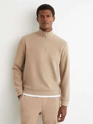 REISS Cotton-blend Ribbed Half-zip Jumper - Camel Brown