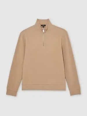 REISS Cotton-blend Ribbed Half-zip Jumper - Camel Brown