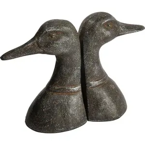 STORIED HOME Decorative Distressed Cast Metal Duck Head Bookends - Brown