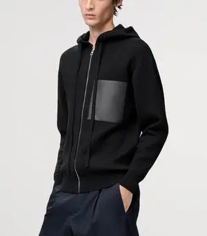 Loewe Wool-blend Zip-up Hoodie With Leather Pocket - Black