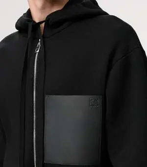 Loewe Wool-blend Zip-up Hoodie With Leather Pocket - Black
