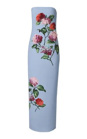 Carolina Herrera Strapless Hydrangea Embroidered Column Gown - Blue