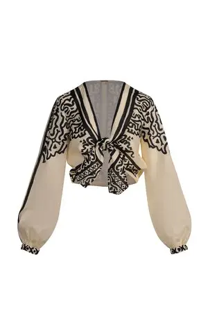 Johanna Ortiz Bishop Sleeve Linen Tie-front Top - Tan