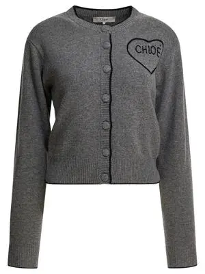 Chloé Wool And Cashmere Cardigan With Logo - Grey