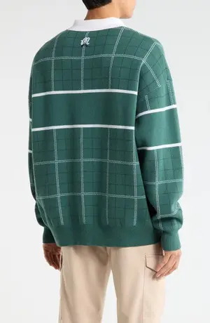 MALBON Bennett Plaid Cotton Zip Polo Sweater - Hunter Green