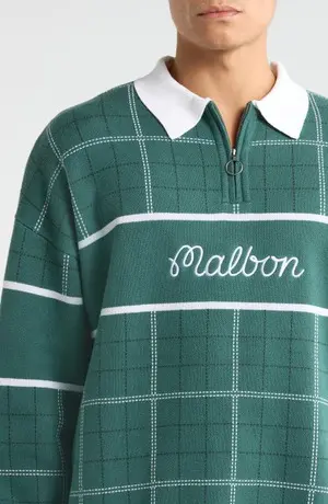 MALBON Bennett Plaid Cotton Zip Polo Sweater - Hunter Green