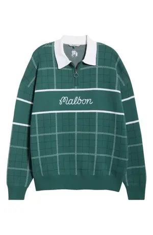 MALBON Bennett Plaid Cotton Zip Polo Sweater - Hunter Green