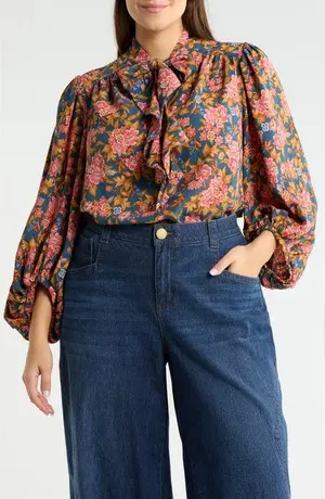 Wit & Wisdom Floral Tie Neck Peasant Top