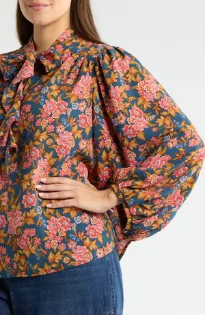 Wit & Wisdom Floral Tie Neck Peasant Top