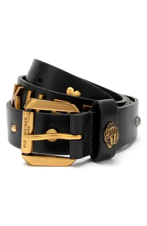 Kurt Geiger Block Letter Leather Belt - Black Antique Brass