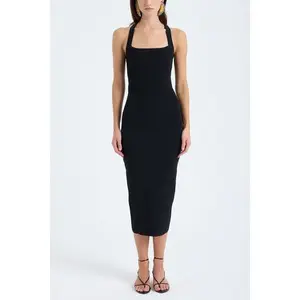 MONLICIA Azura Rib Knit Crisscross Back Bodycon Midi Sweater Dress - Black