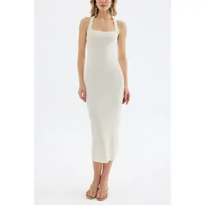 MONLICIA Azura Rib Knit Crisscross Back Bodycon Midi Sweater Dress - Ivory