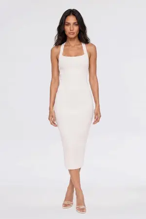 MONLICIA Azura Rib Knit Crisscross Back Bodycon Midi Sweater Dress - Ivory