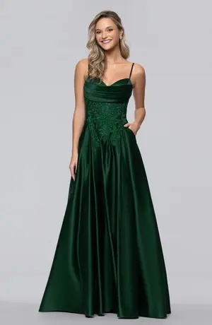 BLONDIE NITES Sequin Lace Detail Satin Gown