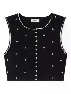 Sandro Cropped Knit Top With Rhinestone Embroidery And Pearl Buttons