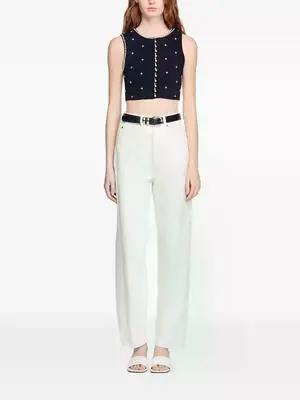 Sandro Cropped Knit Top With Rhinestone Embroidery And Pearl Buttons