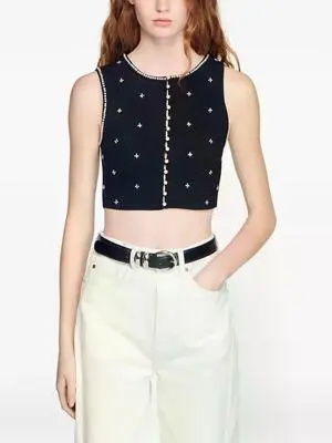 Sandro Cropped Knit Top With Rhinestone Embroidery And Pearl Buttons