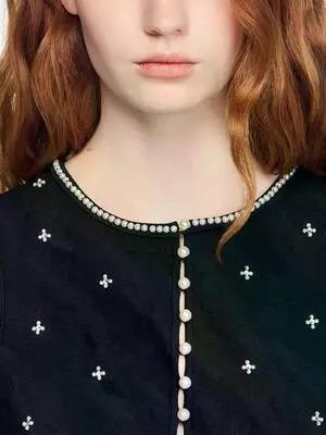 Sandro Cropped Knit Top With Rhinestone Embroidery And Pearl Buttons
