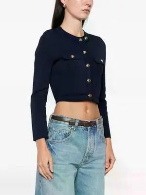 Sandro Ribbed Cropped Cardigan With Metal Press-studs - Blue