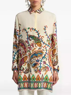 Etro Long Silk Shirt With Placed Floral Paisley Print - Neutrals