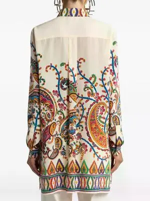 Etro Long Silk Shirt With Placed Floral Paisley Print - Neutrals