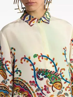 Etro Long Silk Shirt With Placed Floral Paisley Print - Neutrals
