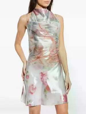 DIESEL® Metallic Blurred Rose Print Halter Neck Mini Dress - Pink