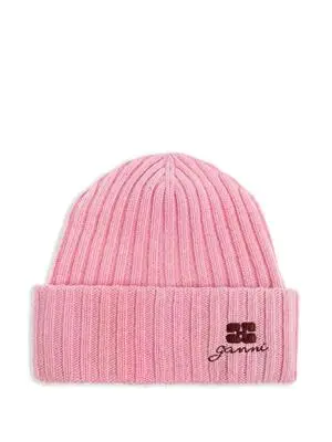 GANNI Ribbed Embroidered Beanie - Pink