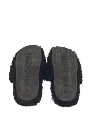 Balenciaga Shearling Logo Flat Slides