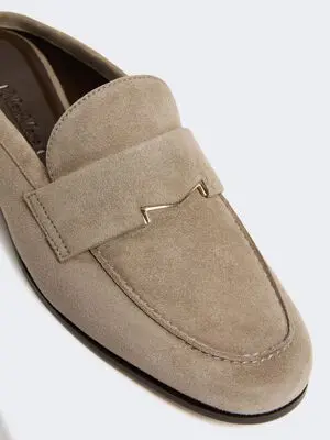 Max Mara Suede Mules With Metallic M Monogram - Mud