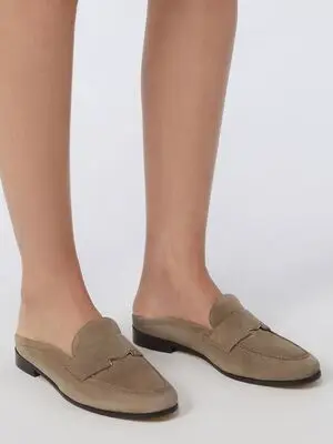 Max Mara Suede Mules With Metallic M Monogram - Mud
