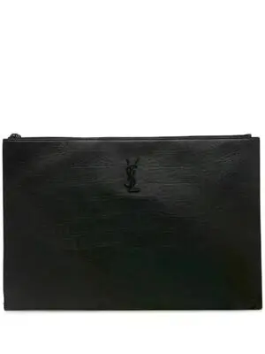 Saint Laurent 2019 Croc Embossed Leather Monogram Clutch - Black