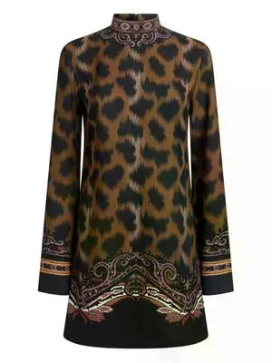 Etro Mini Tunic Dress In Envers Satin With Animal Motif - Brown