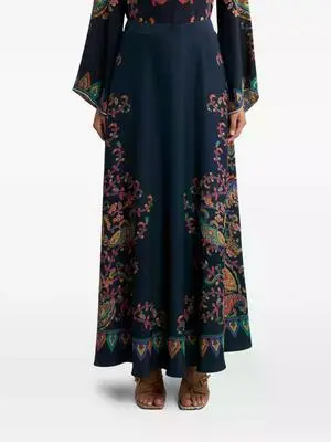Etro Silk Maxi Skirt With Placed Floral Paisley Print - Blue