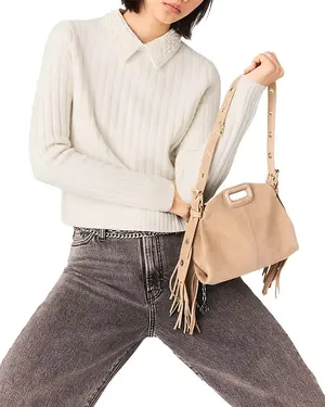 Maje Ribbed Sweater With Beaded Collar - Ecru