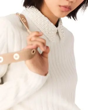 Maje Ribbed Sweater With Beaded Collar - Ecru