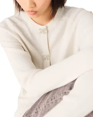 Maje Bow Jewelry Button Wool Cardigan - Ecru