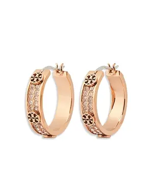 Tory Burch Miller Double T & Pave Studded Small Hoop Earrings - Rose Gold
