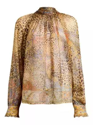 Etro Scarf Paisley Animal Silk Top - Neutrals