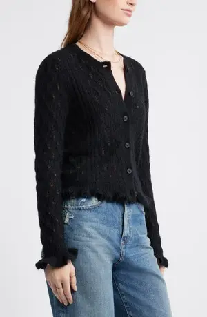 Treasure & Bond Pointelle Ruffle Edge Cardigan - Black