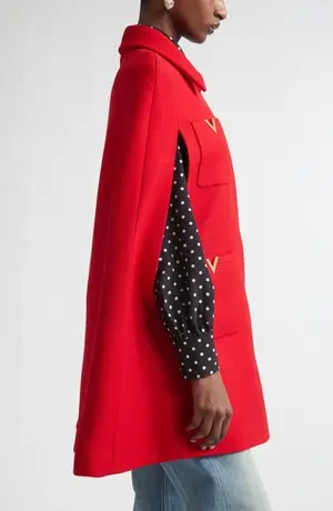 Valentino Garavani V-detail Wool & Silk Double Drill Cape - Deep Red