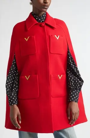 Valentino Garavani V-detail Wool & Silk Double Drill Cape - Deep Red