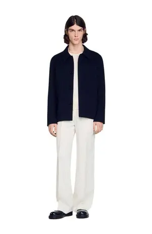 Sandro Wool Worker Jacket With Patch Pockets - Navy Blue